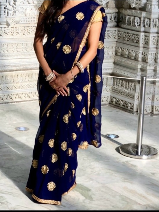 Sarees | Navy Blue Saree With Gold Embellishments And Blouse | Poshmark